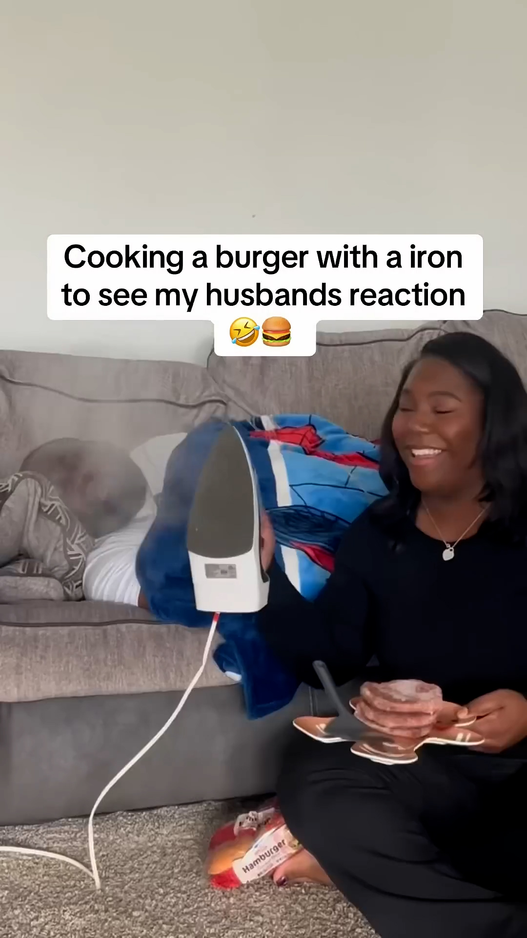 Using clothing iron to cook hamburger confuses husband