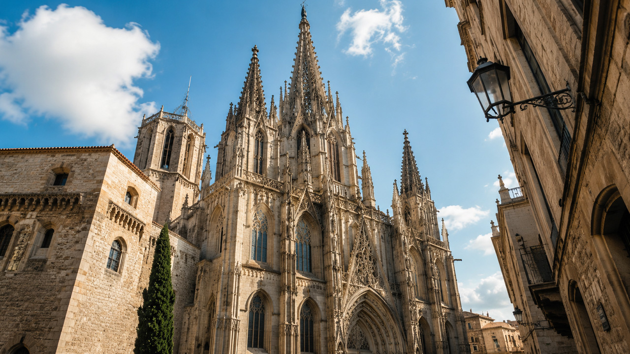 Barcelona Cathedral rising above the Gothic Quarter streets
