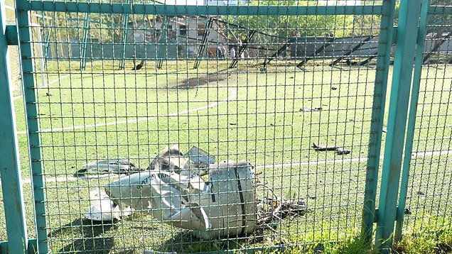 Missile parts litter school playground after Russian attack on Kyiv