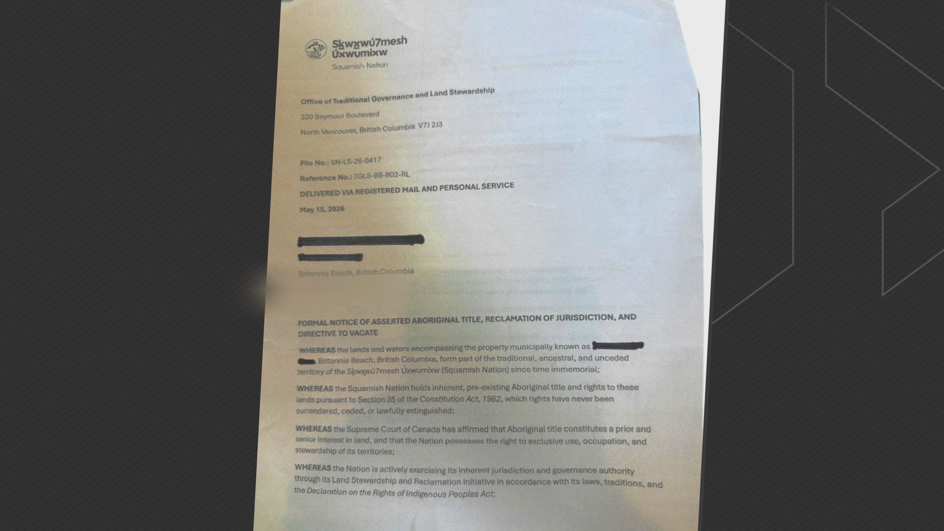 Squamish Nation calling out fake letter sent to Britannia Beach residents