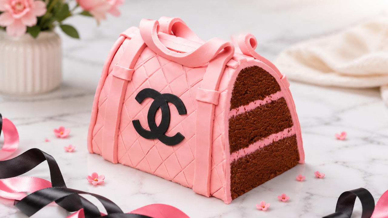 Luxury pink handbag cake with chocolate layers