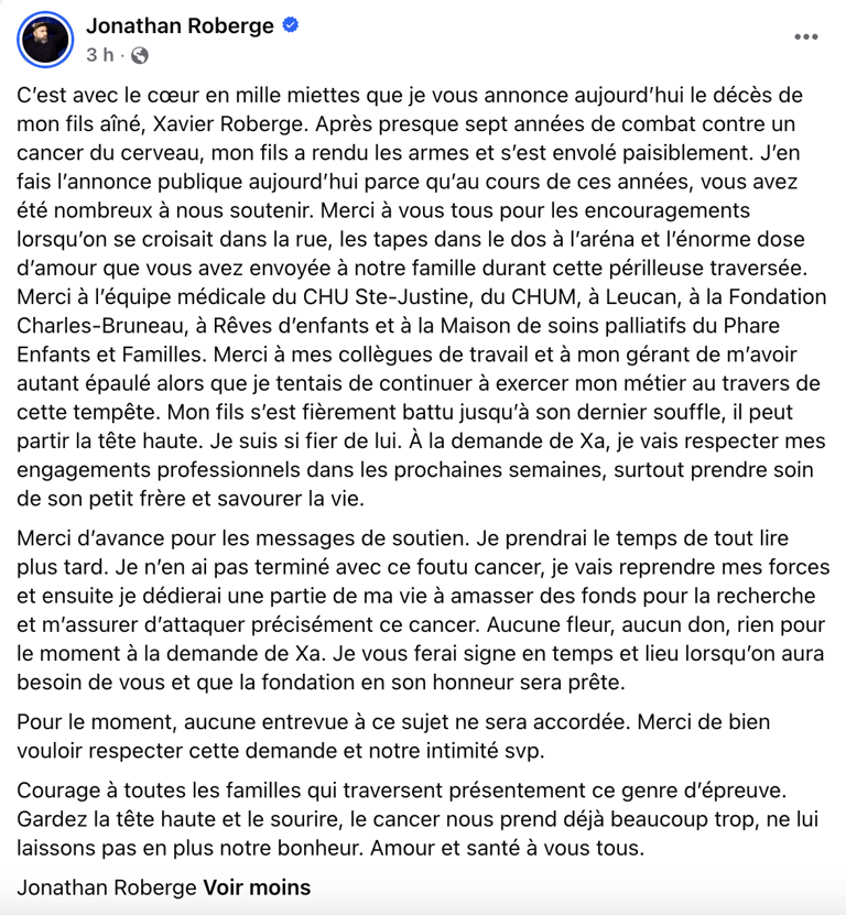 Jonathan Roberge annonce le décès de son fils