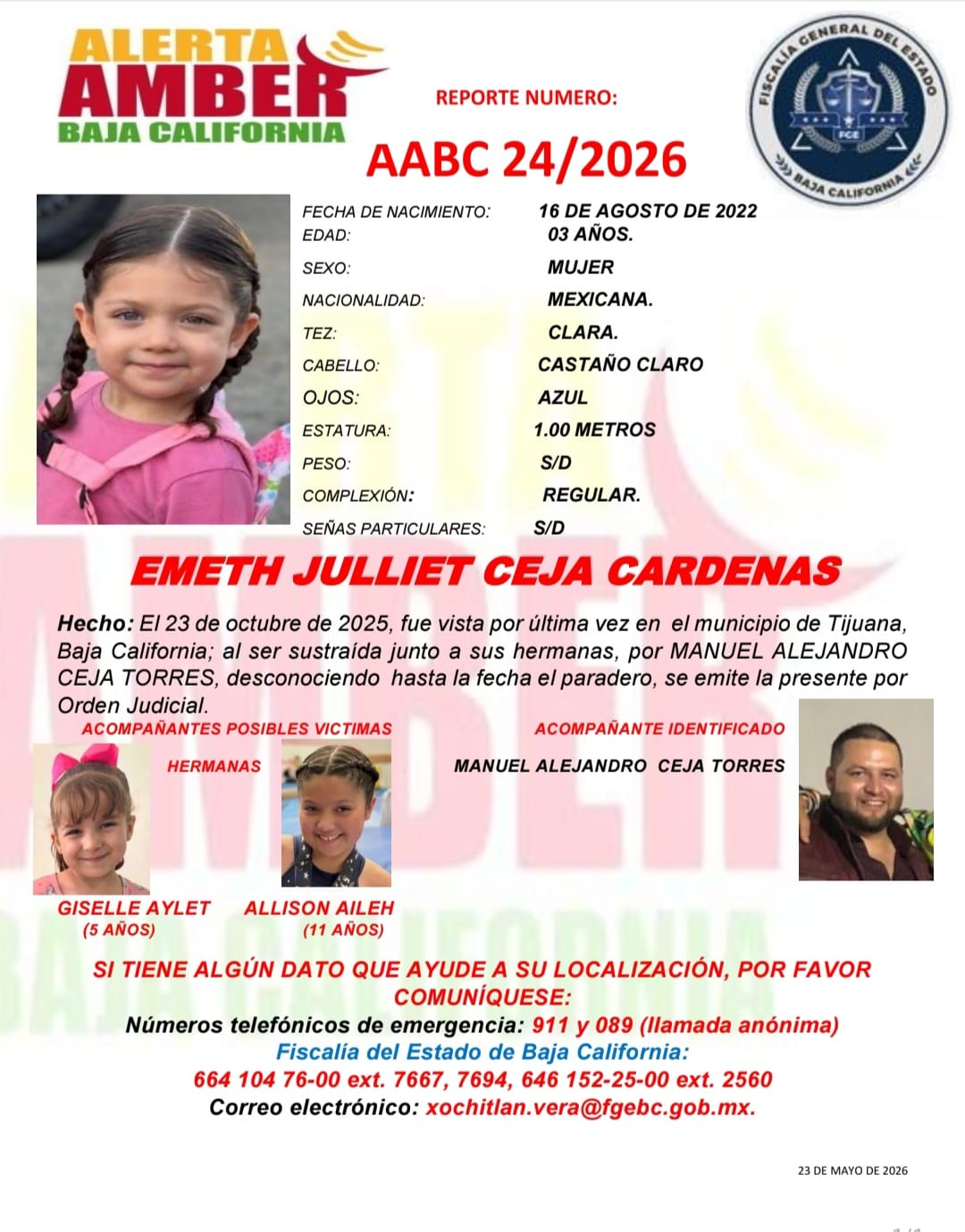 Activan Alerta Amber en Tijuana por tres menores desaparecidas
