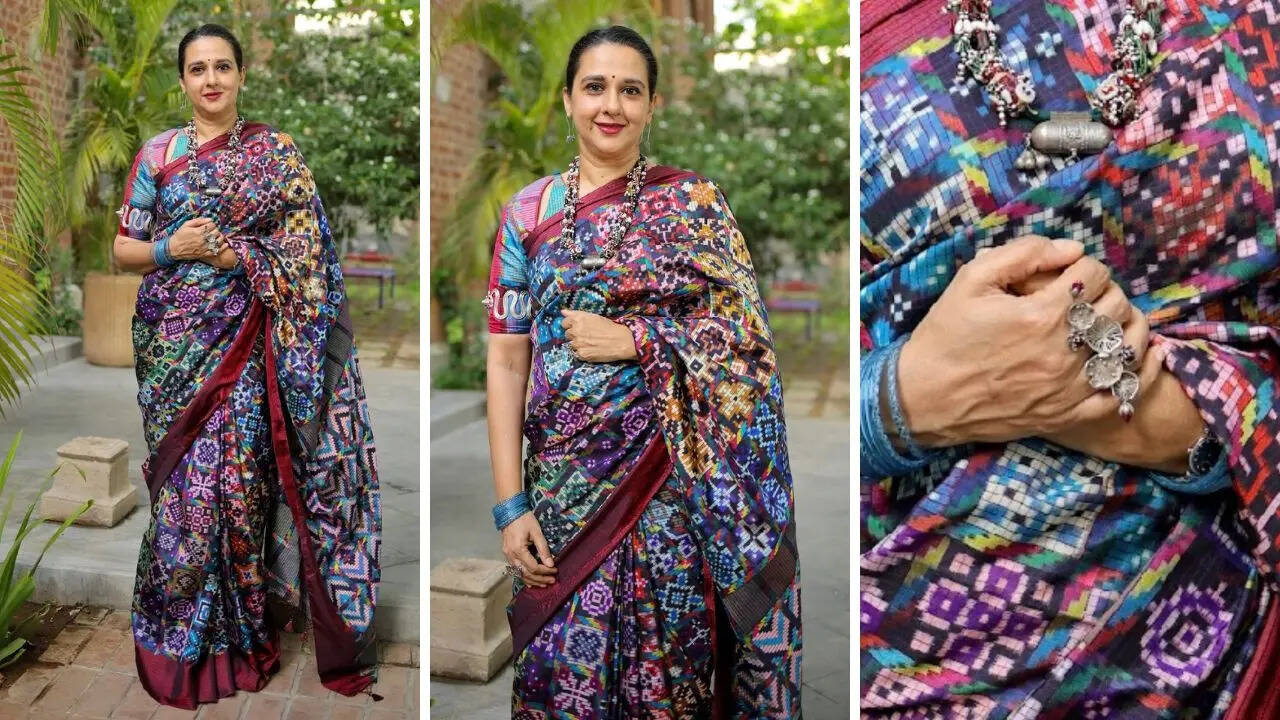 Radhikaraje Gaekwad’s saree features 108 Telia Rumal motifs woven in 30 ...