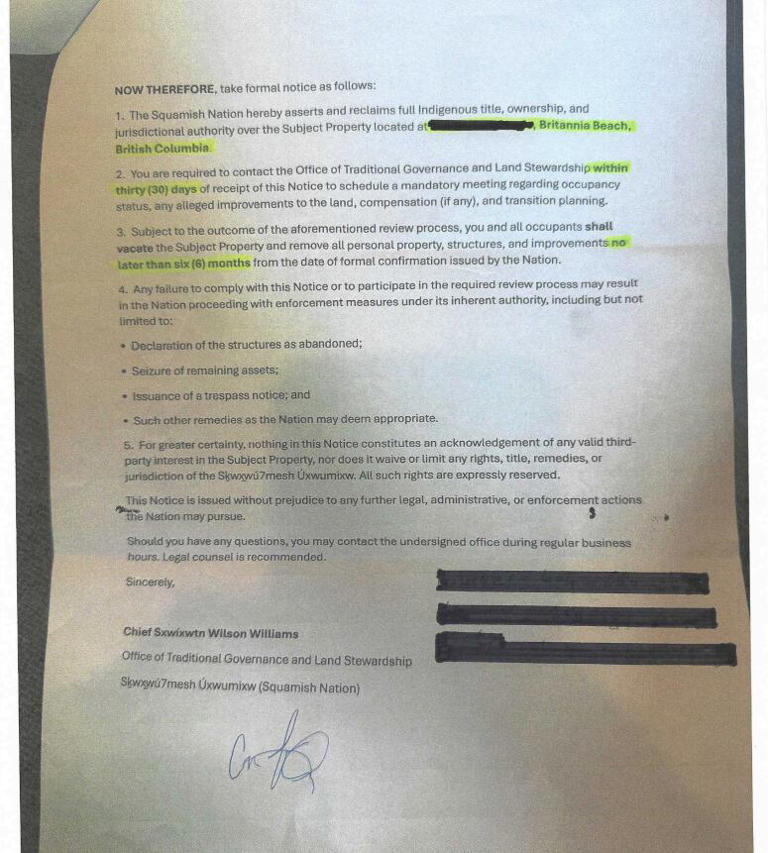 Squamish Nation warns of fake letter ordering homeowners to vacate property