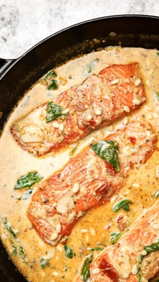 25-minute pan-seared trout with creamy pesto sauce