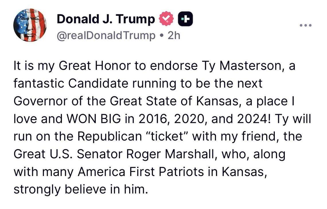 Ty Masterson wins President Donald Trump's endorsement in Kansas ...