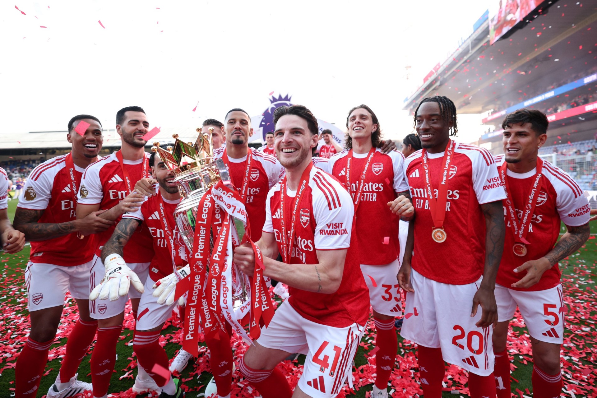 Declan Rice reacts to West Ham relegation during Arsenal title celebrations