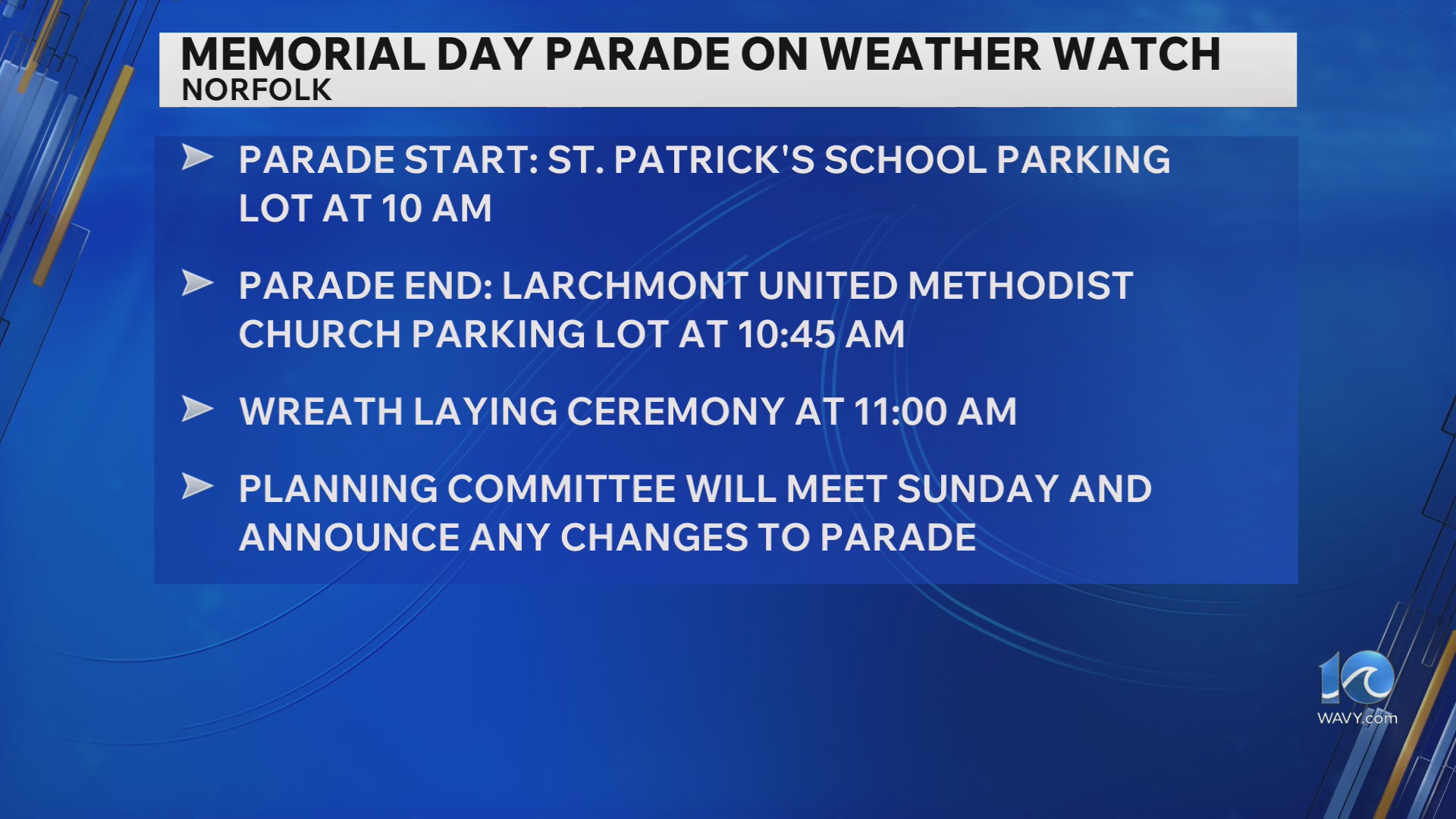 Update: Memorial Day parade on weather watch