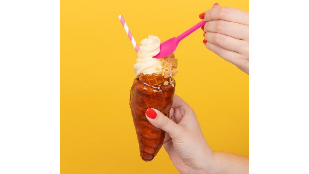 Homemade ice cream cones with peach filling