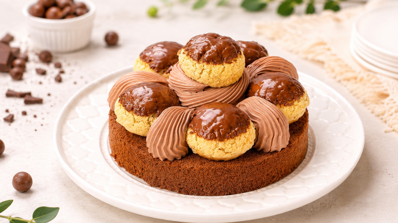 Chocolade soezen taart met romige vulling