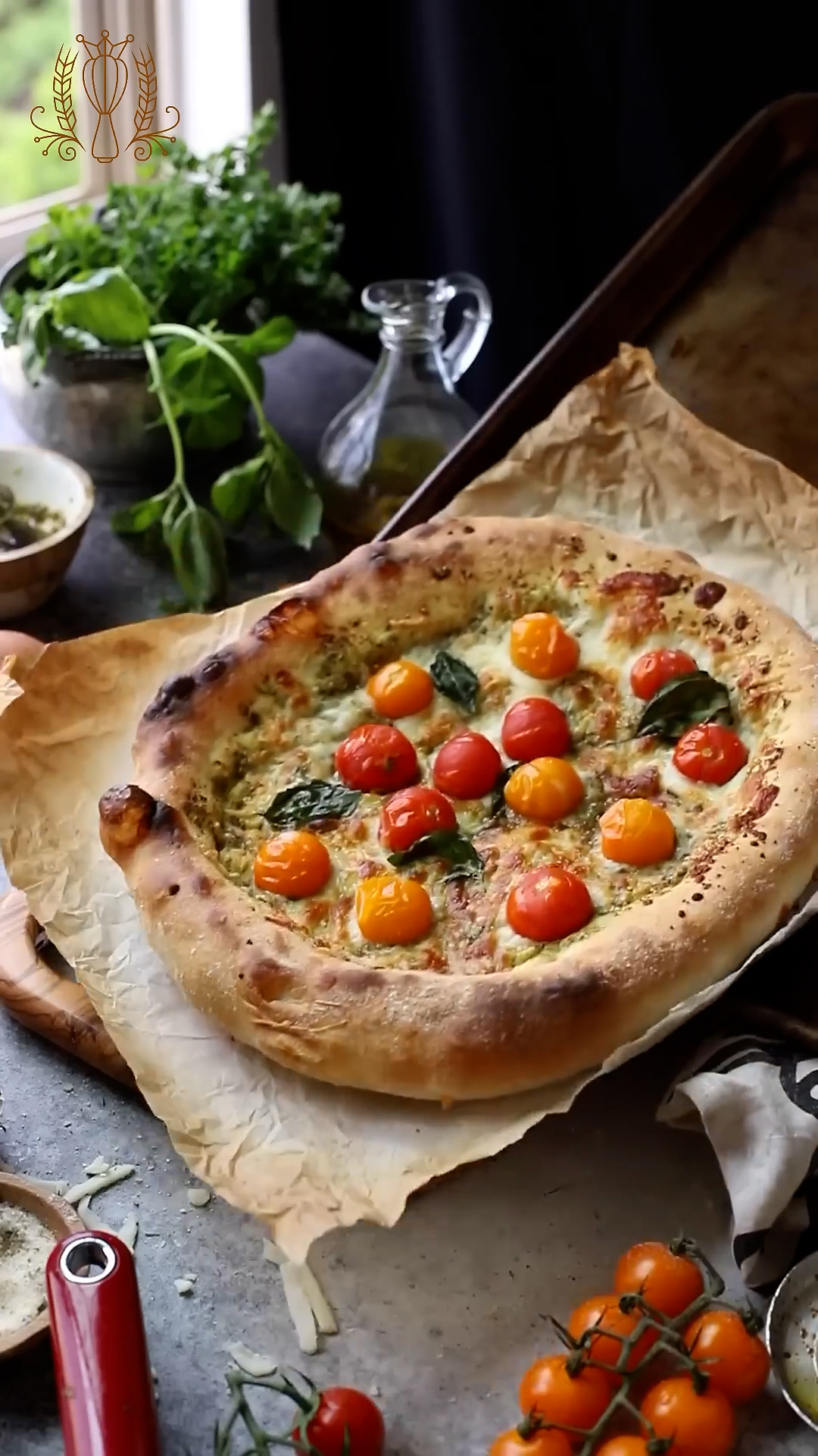 Fresh pizza topped with garden ingredients