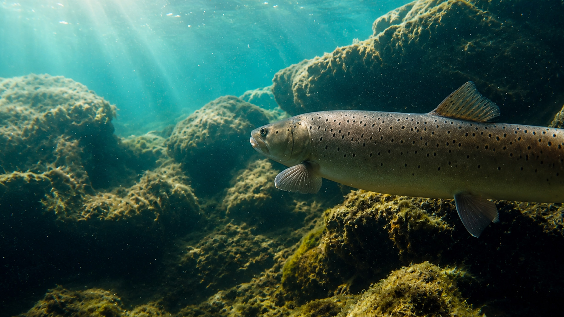 Câmera subaquática mostra peixe huchen deslizando pelo leito rochoso do rio