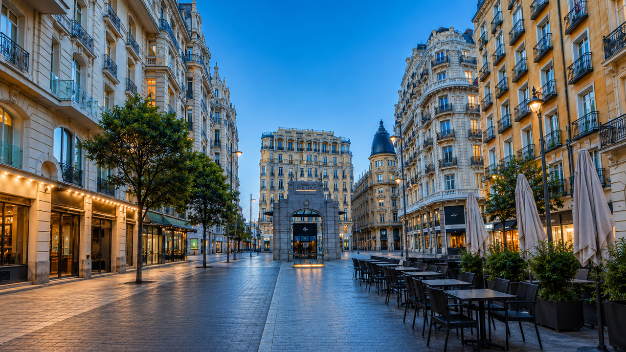 Promenade du soir à Madrid dans des rues élégantes et une architecture ...