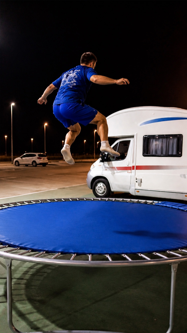 Huge stunt jump sends rider over RV