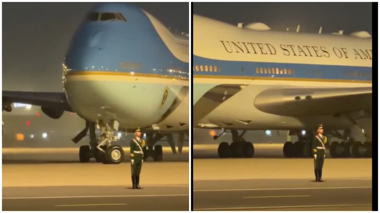 Chinese soldier’s unflinching composure as Trump’s Air Force One passes ...
