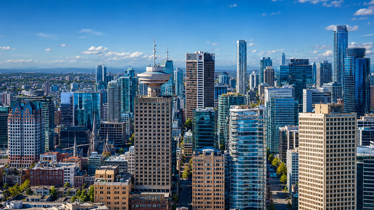 Vancouver skyline rising brightly above the city streets