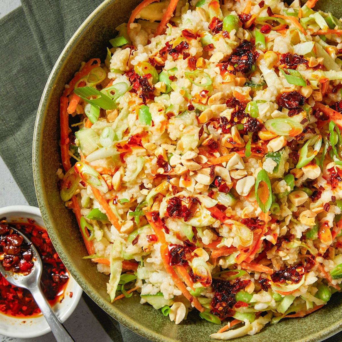 Cabbage crunch rice salad with peanut dressing