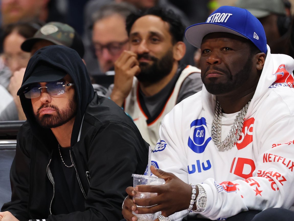At the basketball game: 50 Cent and Eminem celebrate reunion in Detroit