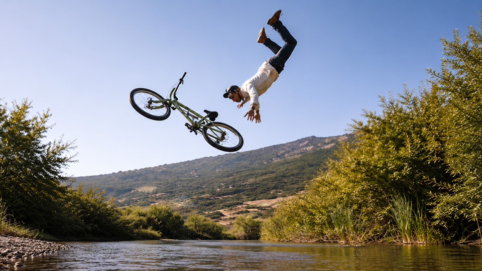 Salto de bici gigante lanza al ciclista 35 pies sobre un estanque