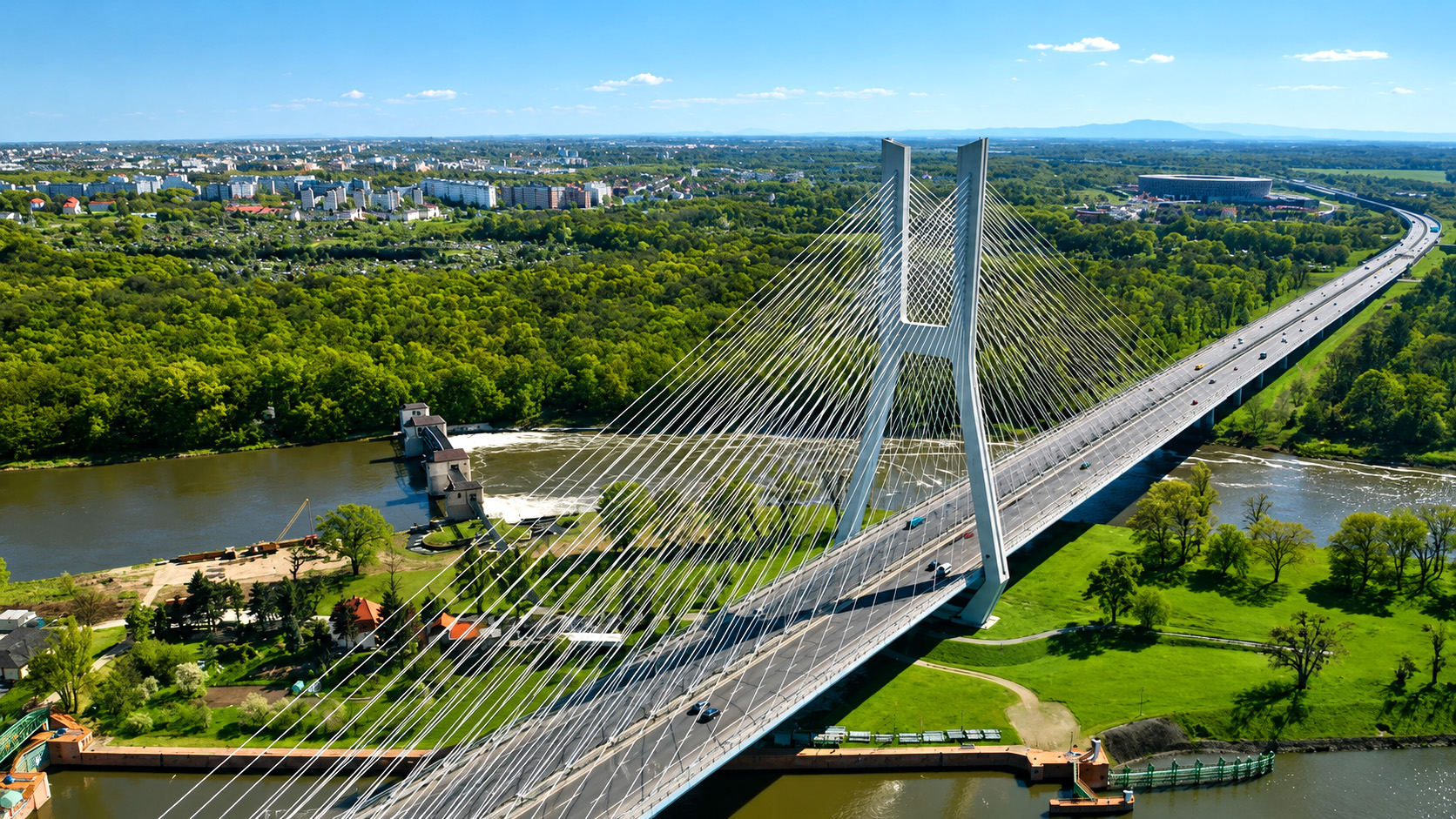 A modern architectural landmark standing above Warsaw’s skyline