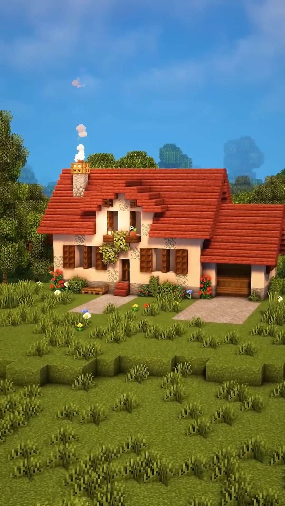 Minecraft red roof cottage with a cozy countryside look