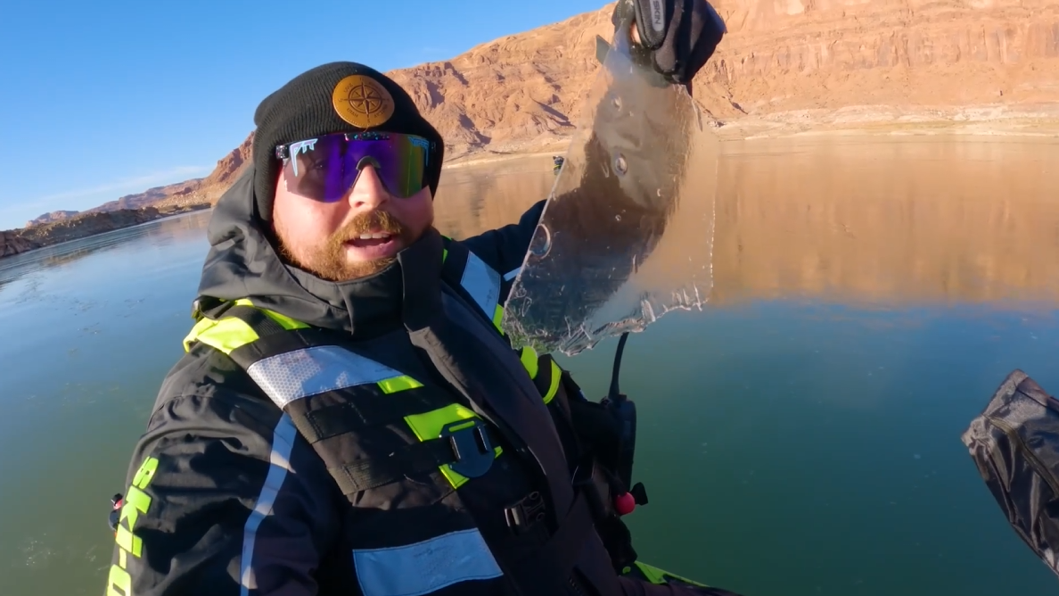 Jet ski camping on frozen Lake Powell with a SeaDoo Explorer Pro