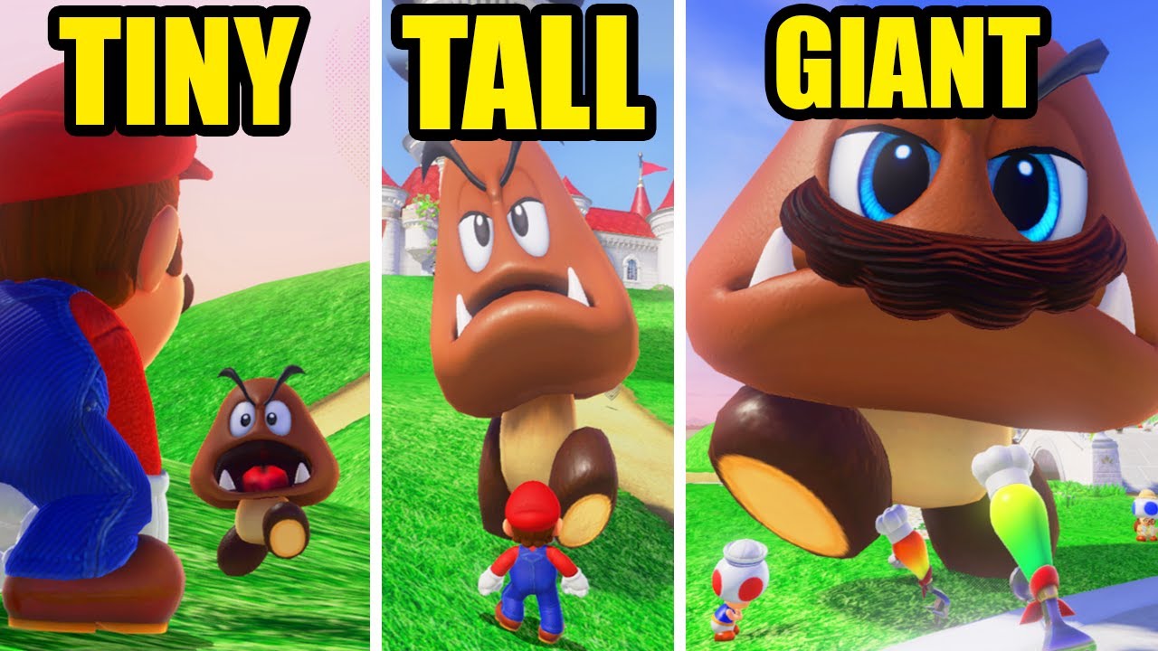 Comparing tiny and giant Mario enemies in a modded Odyssey world
