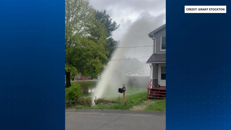 Water shoots out of main break in South Fayette Township