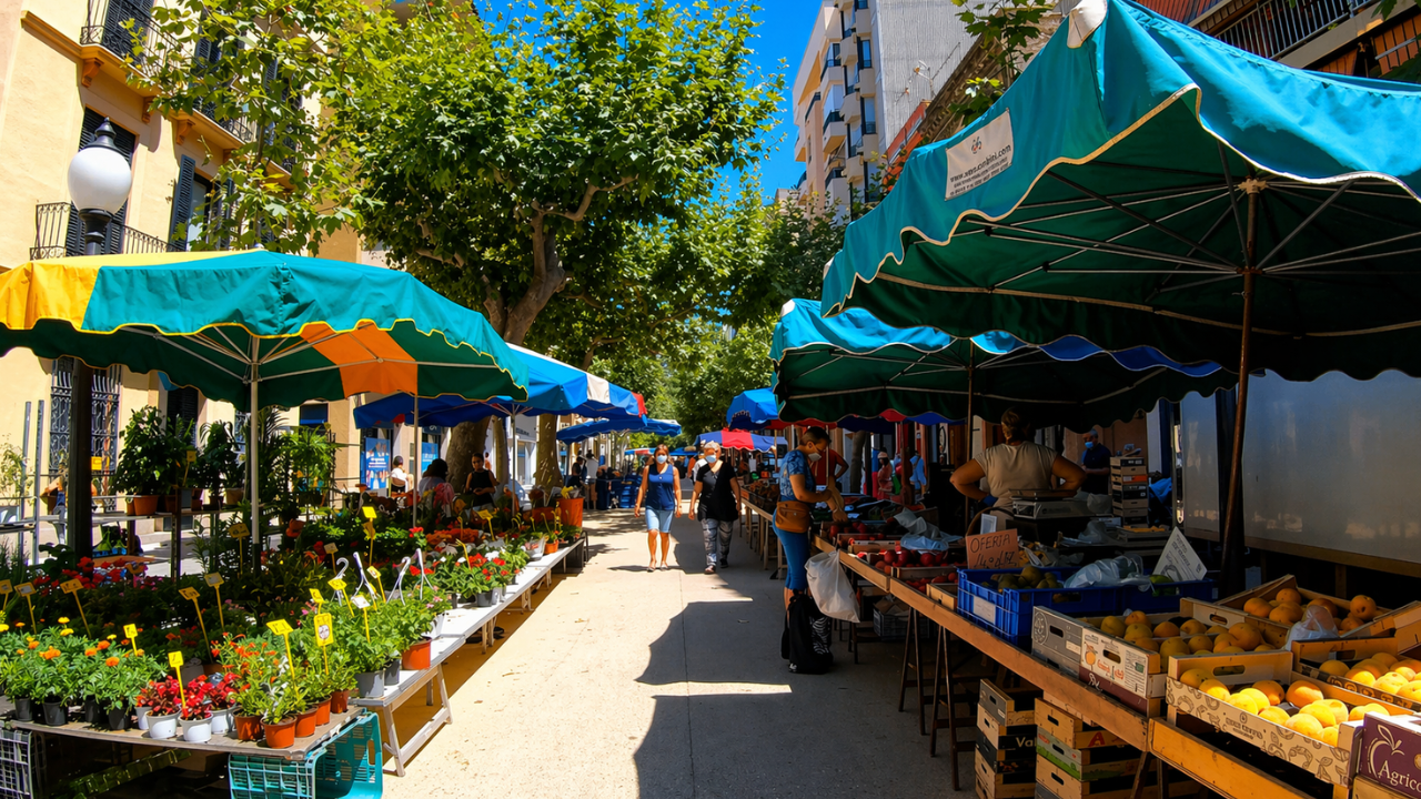 Exploring Blanes town streets and market stalls (4K)