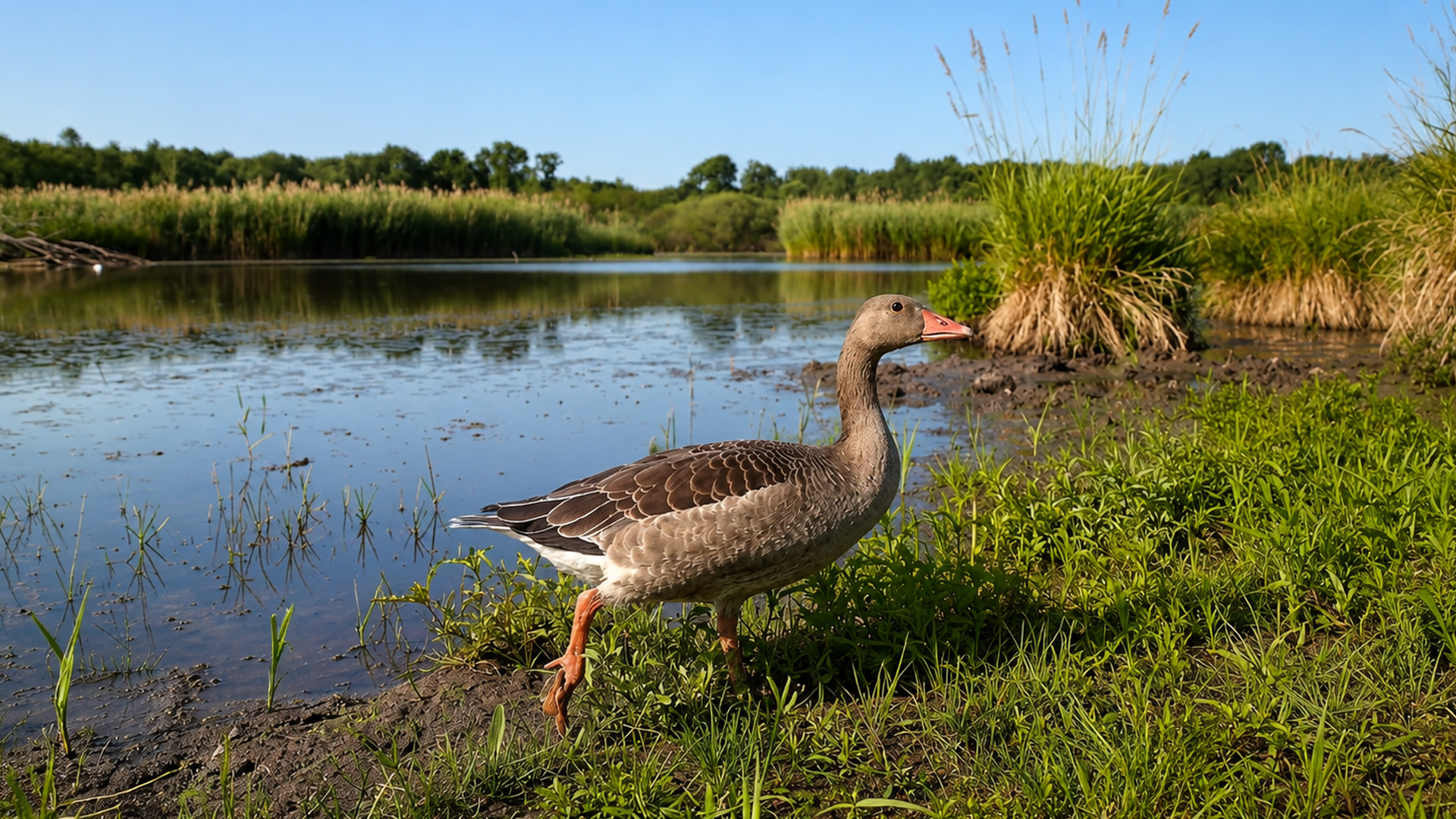 Camera trap reveals goose exploring marshland habitat
