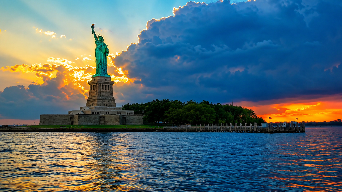 Liberty Island standing quiet before the storm clouds