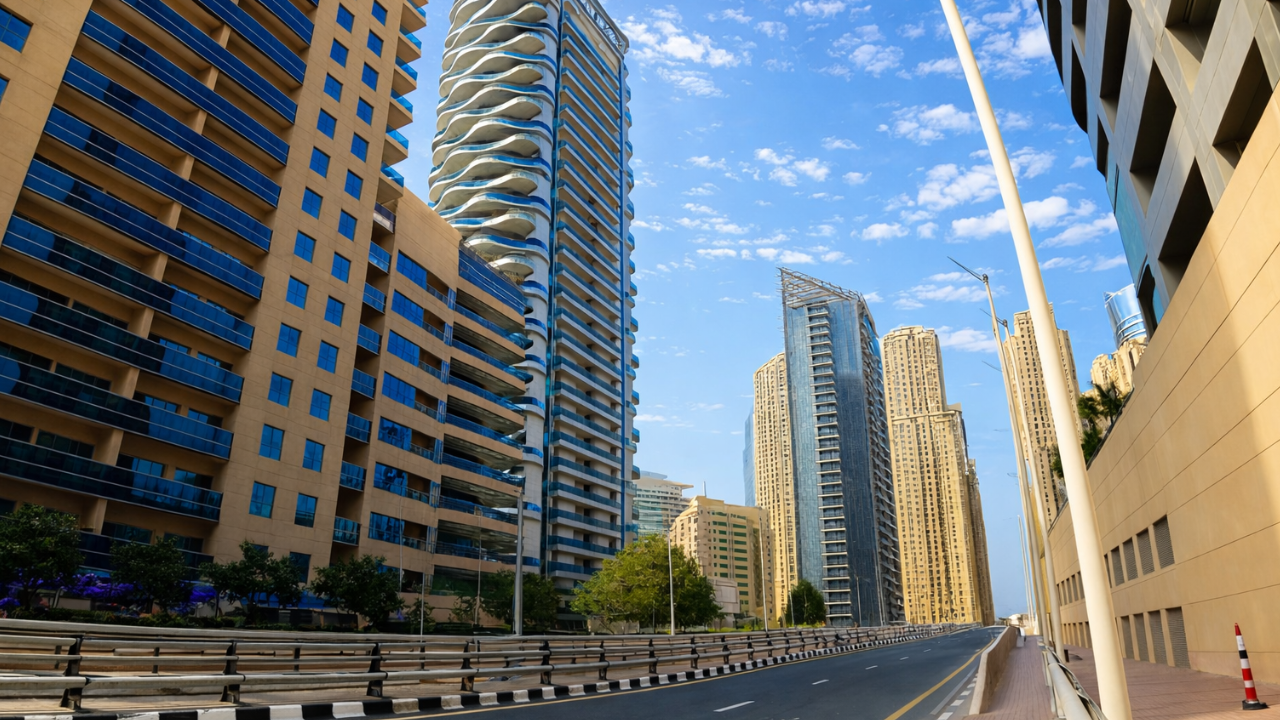 Walking through Dubai Marina waterfront (4K)