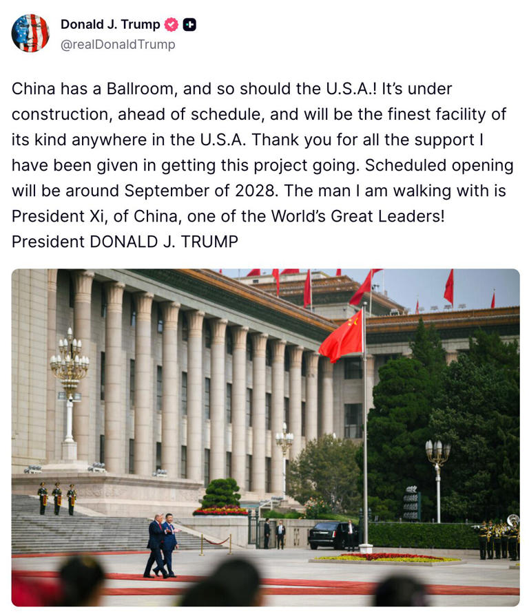 Trump thirsts after Xi’s ballroom in gushing suck-up post