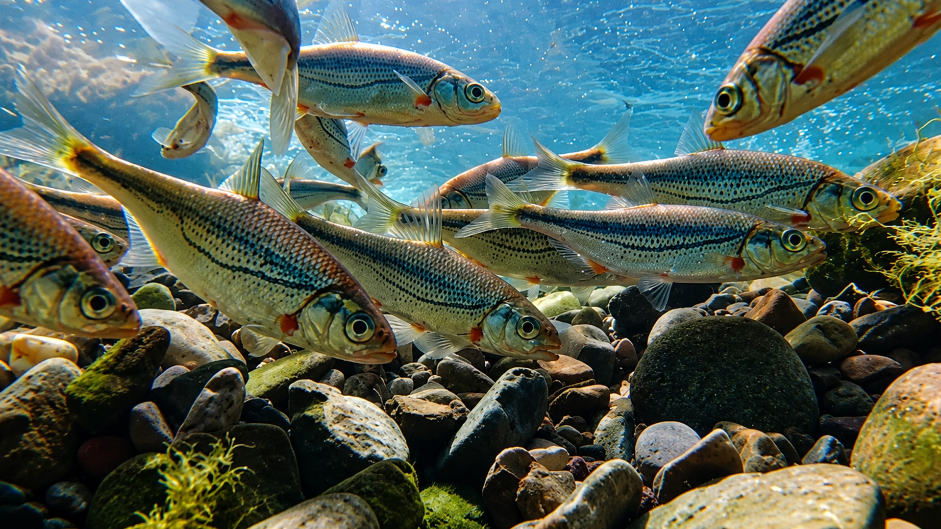 Hidden camera shows crystal clear river filled with wild fish