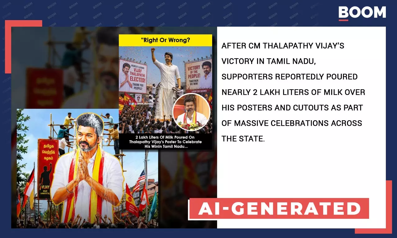 AI images peddled as TN CM Vijay's posters bathed in milk after TVK win