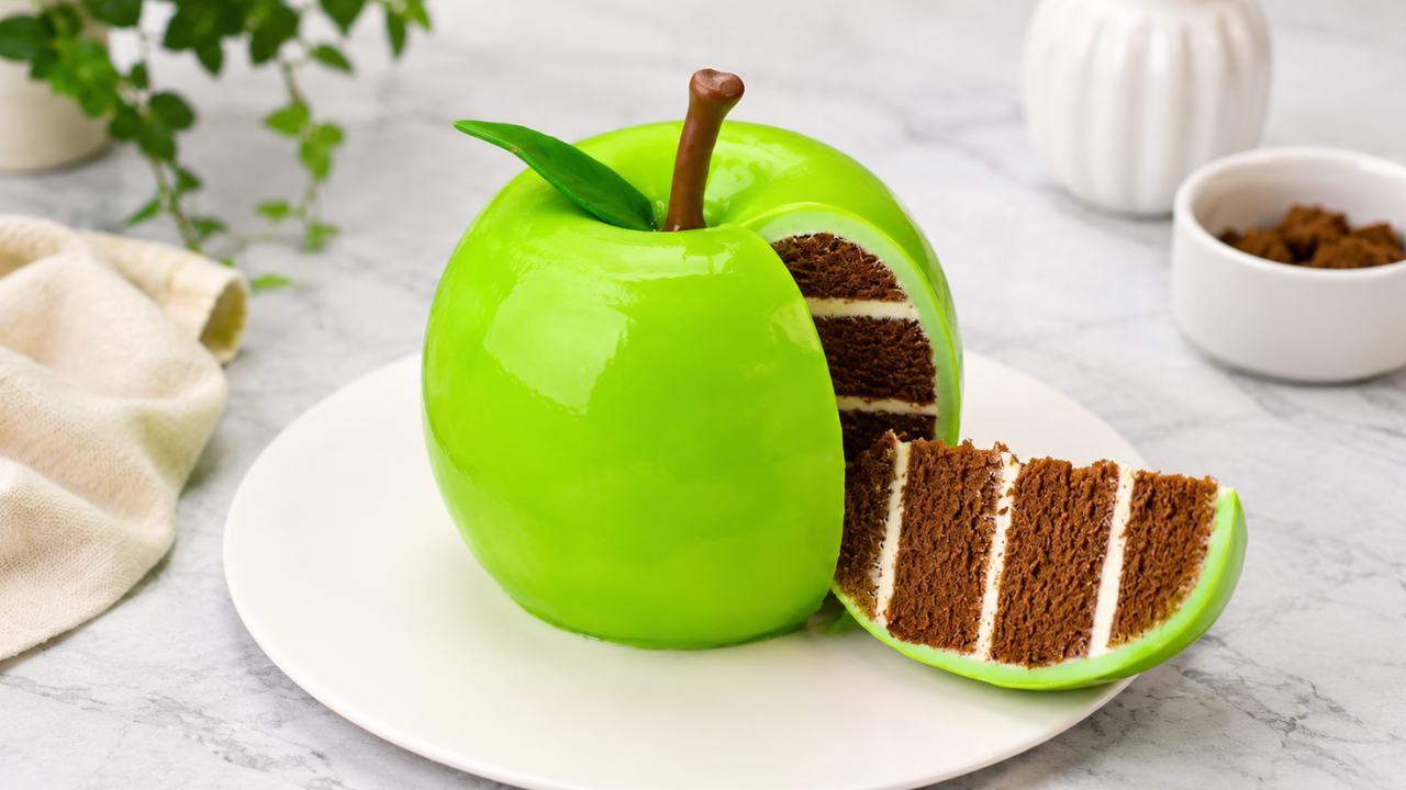 Glossy green apple shaped chocolate cake