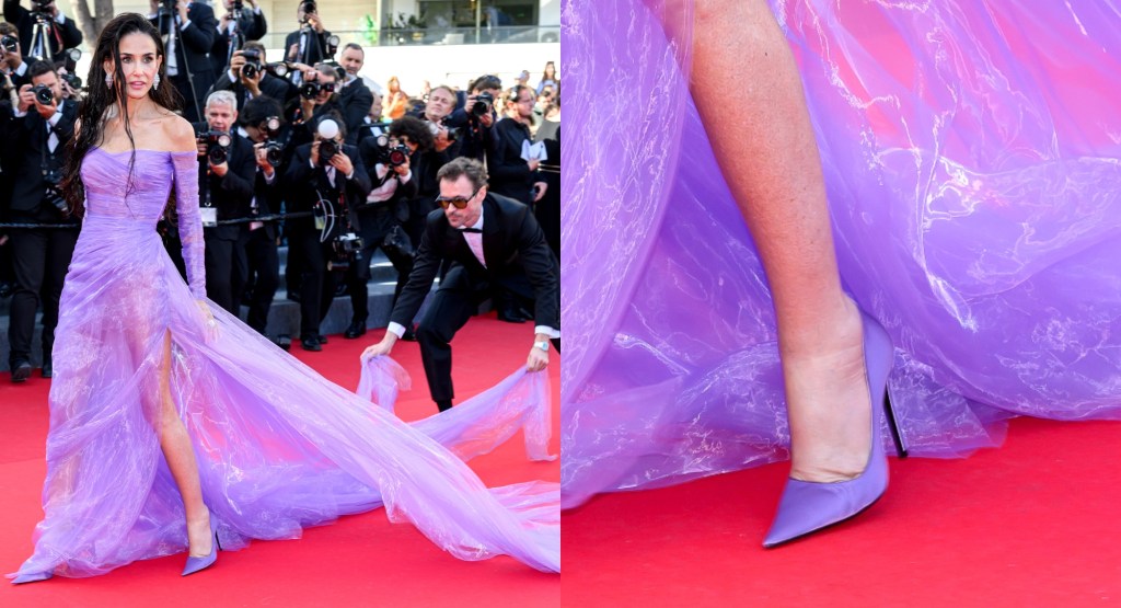 Dua Lipa channels the 80s in purple Ferragamo look, red mules in Cannes
