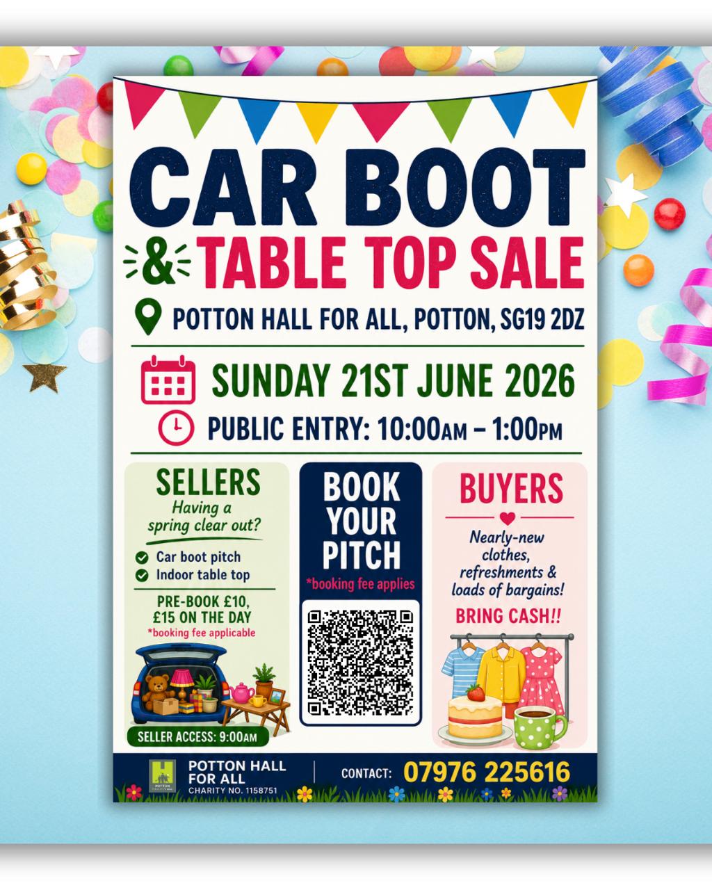 Car boot and table top sale at Potton Hall on 21st June