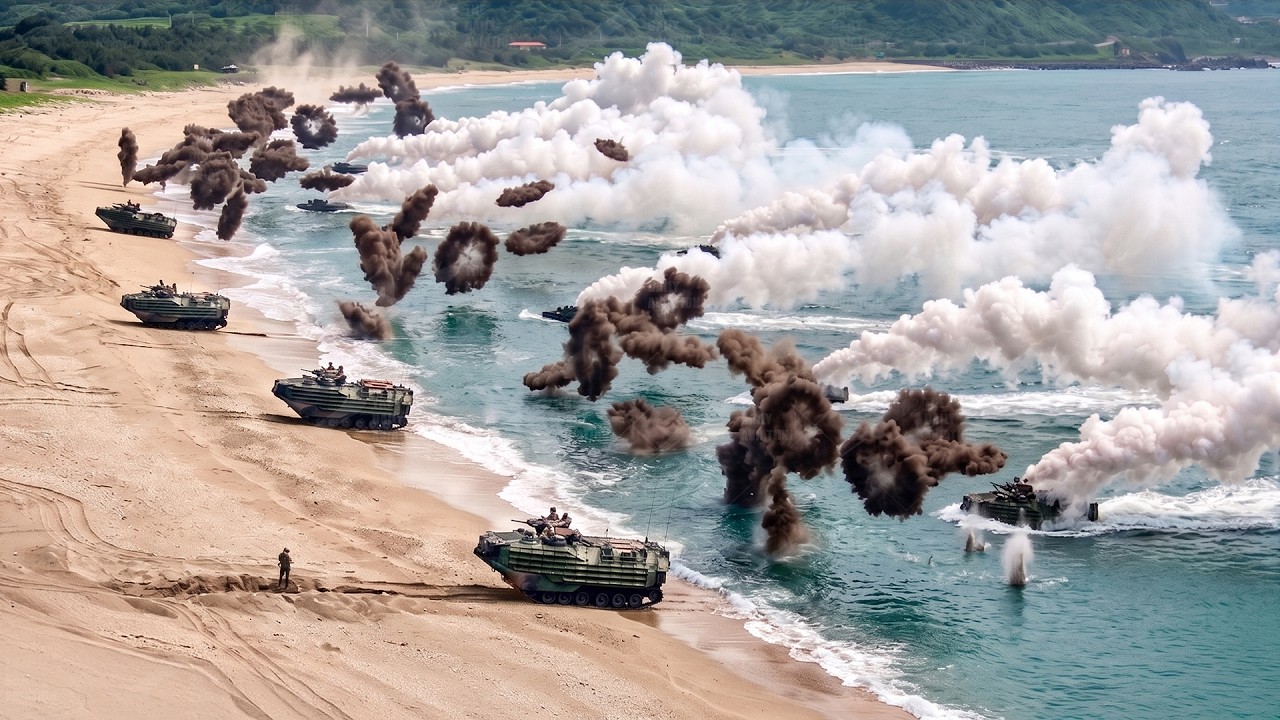 Massive US military amphibious assault during scary beach landing
