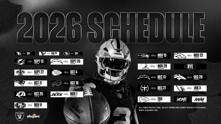 Las Vegas Raiders 2026 schedule: Zero primetime games, toughest road ...