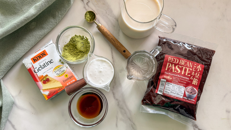 Matcha pudding with sweet red bean paste recipe