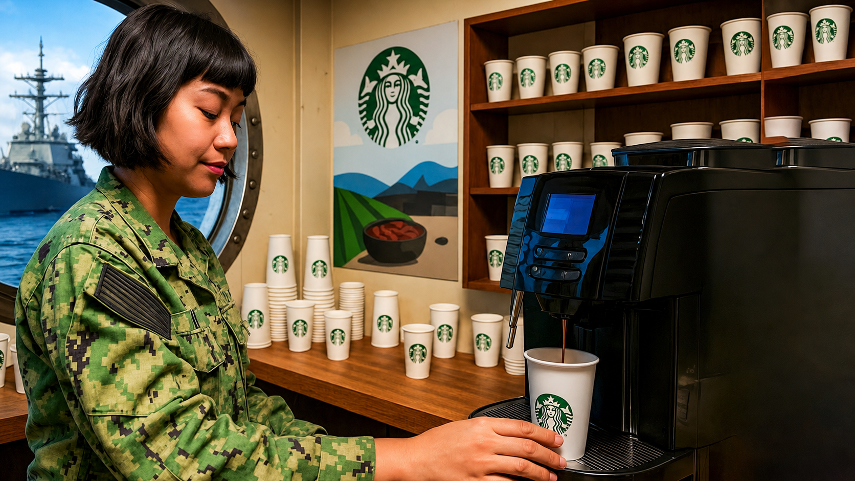 Inside the US Navy’s floating Starbucks aboard an aircraft carrier