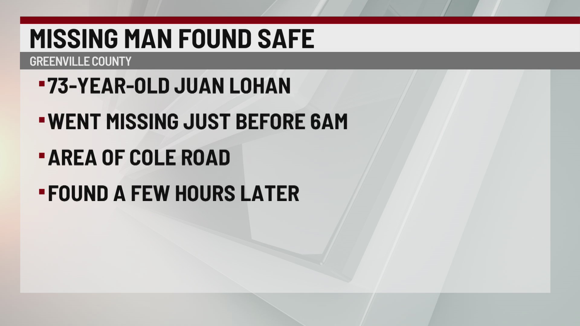 Missing elderly man found safe in Greenville Co.