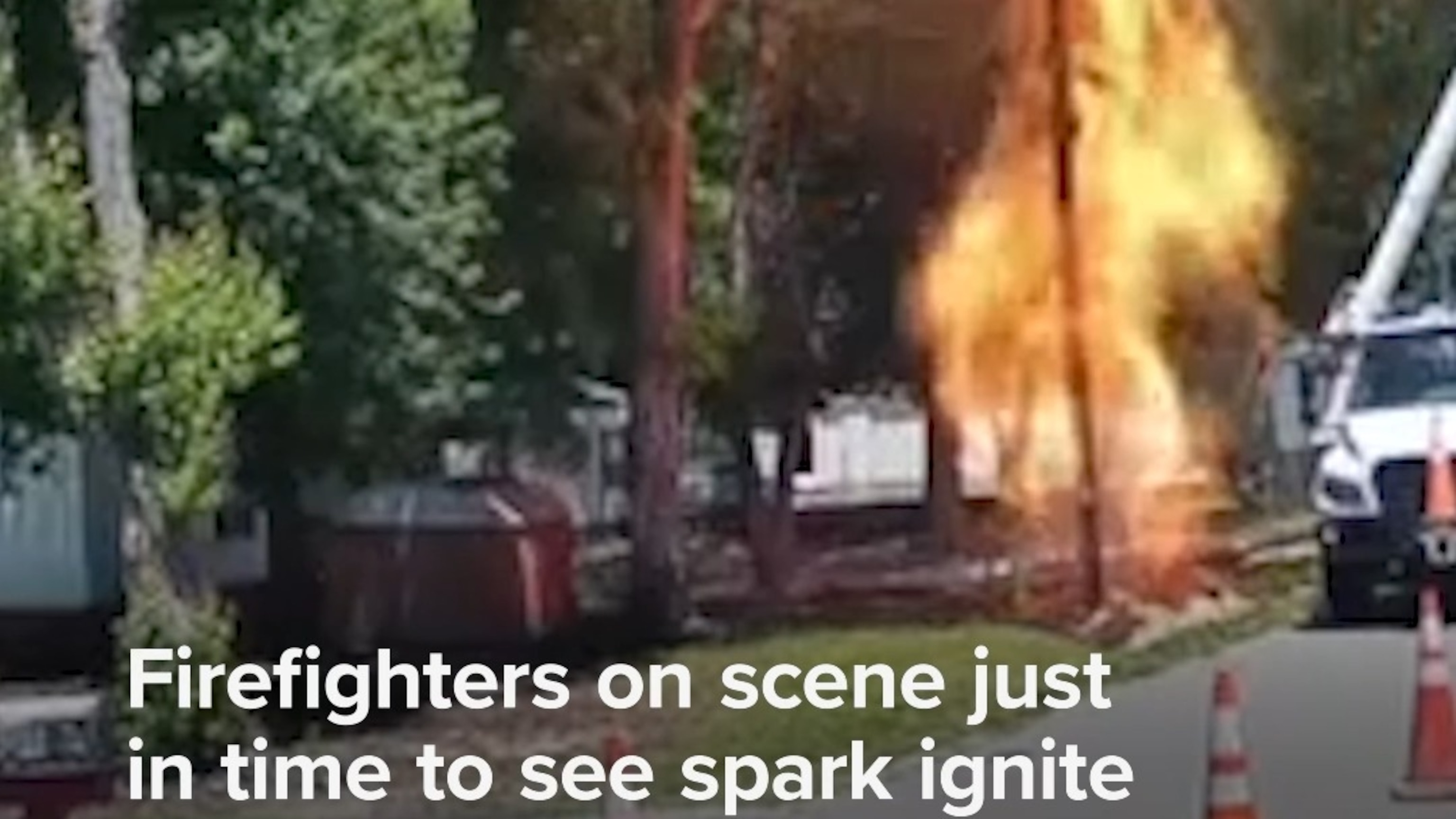 Firefighters on scene just in time to see spark ignite spectacular gas fire