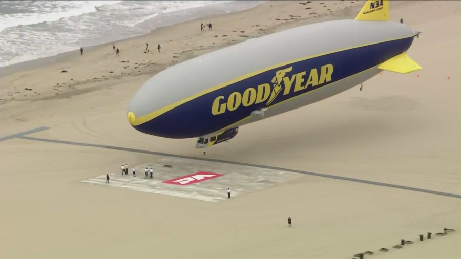 Goodyear blimp lands on Huntington Beach sand for Pacific Air Show ...