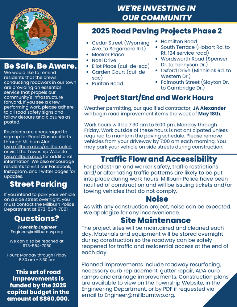 Road work coming in Millburn: Street paving, traffic signal upgrade