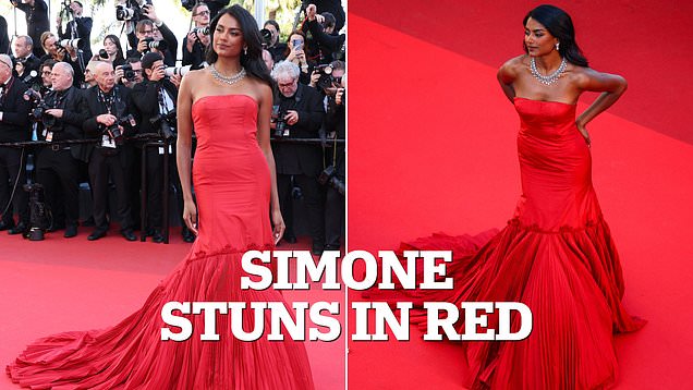 Simone Ashley stuns in a dramatic red gown ar Karma premiere