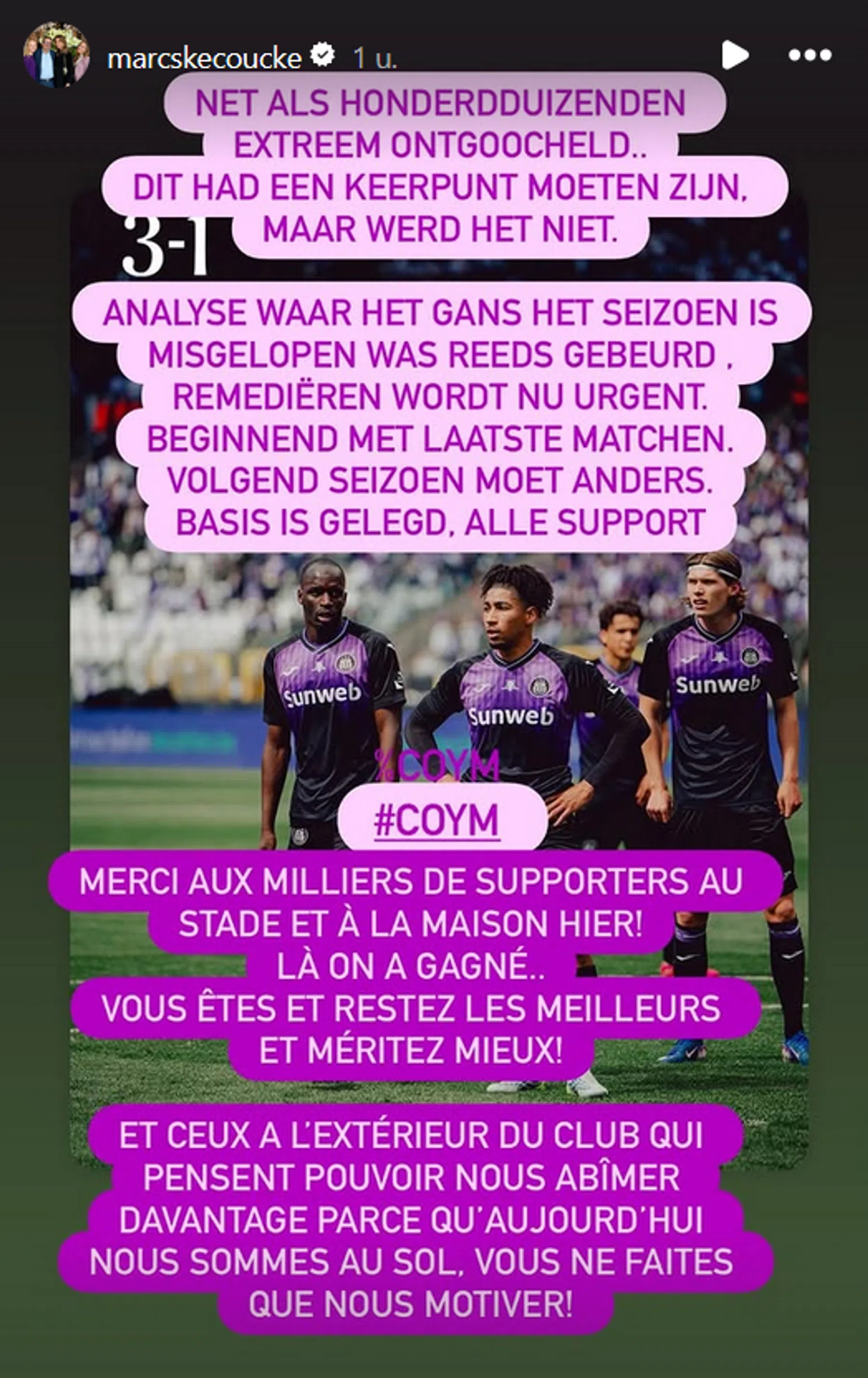 Coucke na verlies bekerfinale Anderlecht: 'Aan hen die ons nog harder ...