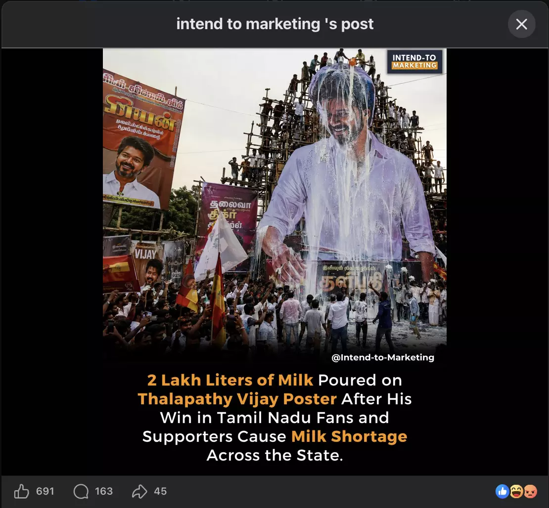 AI images peddled as TN CM Vijay's posters bathed in milk after TVK win